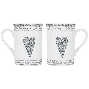 Beautifully Designed 10th Tin Wedding Anniversary Set of Ceramic Mugs with Hearts | Dishwasher and Microwave Safe with Decorative Keepsake Box