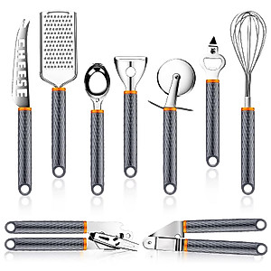 Kitchen Gadget Utensil Set, 9PCS Stainless Steel Cooking & Baking Accessory with Non-Slip Silicone Handle, Set Includes Knife, Peeler, Grater, Whisk, Garlic Press, Pizza Cutter and Bottle Can Opener