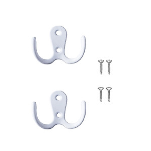 Lansonee 2 Pcs Double Prong Robe Hooks, Dual Coat Hooks Wall Mounted Hanging Clothes for Bathroom Bedroom Door Wall Retro Metal Cloth Hanger Double Coat Hooks with 4 Screws (White)