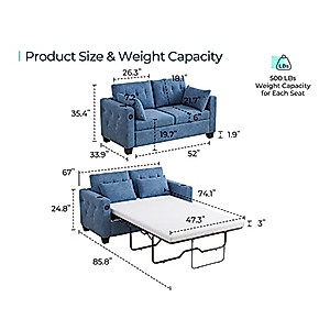 LINSY HOME Pull Out Sofa Bed, 2-in-1 Convertible Sleeper Couch with Memory Foam Mattress, Two Seat Loveseat Sleeper Sofa Bed for Living Room, Blue, Full Size