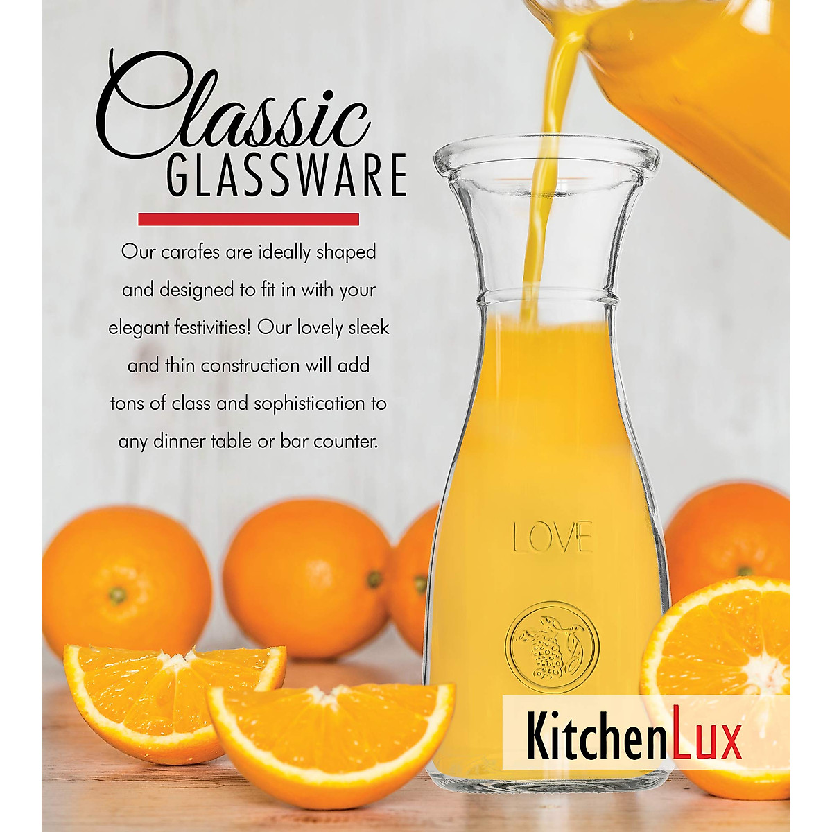 Kitchen Lux Carafe Pitcher Glass Set - Glass Water Pitcher & Water Carafe - Love Elegant Wine Decanter & Mimosa Bar Set - Easy Grip Neck & Wide Mouth for Pouring