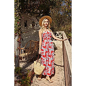 GRACE KARIN Women Strapless Casual Loose Ruched Long Maxi Dress with Pockets Blue White