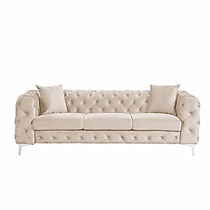 Morden Fort Modern Contemporary Sofa Couch with Deep Button Tufting Dutch Velvet, Solid Wood Frame and Iron Legs-Beige
