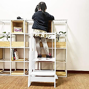 ZZBIQS Wooden Kitchen Toddler Step Stool Helper, Height Adjustable Learning Toddler Tower with Safety HandRail, Standing Tower Daycare Furniture for Kids (White)