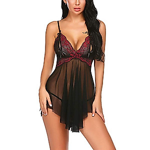 Women's Sexy Lingerie Dress Strap Lace See Through Babydoll Sleepwear Sheer V Neck Chemise Teddy Nightwear (Red,XX-Large)