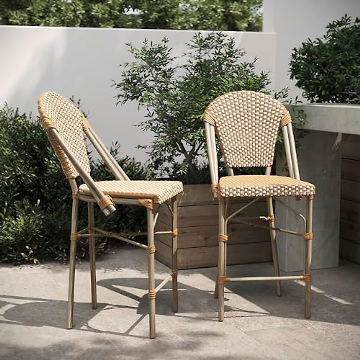 Flash Furniture Lourdes Commercial Grade Bistro Counter Stool, Stackable Indoor/Outdoor Dining Stool, 26"High, Natural/White-Light Natural Finish, Set of 2