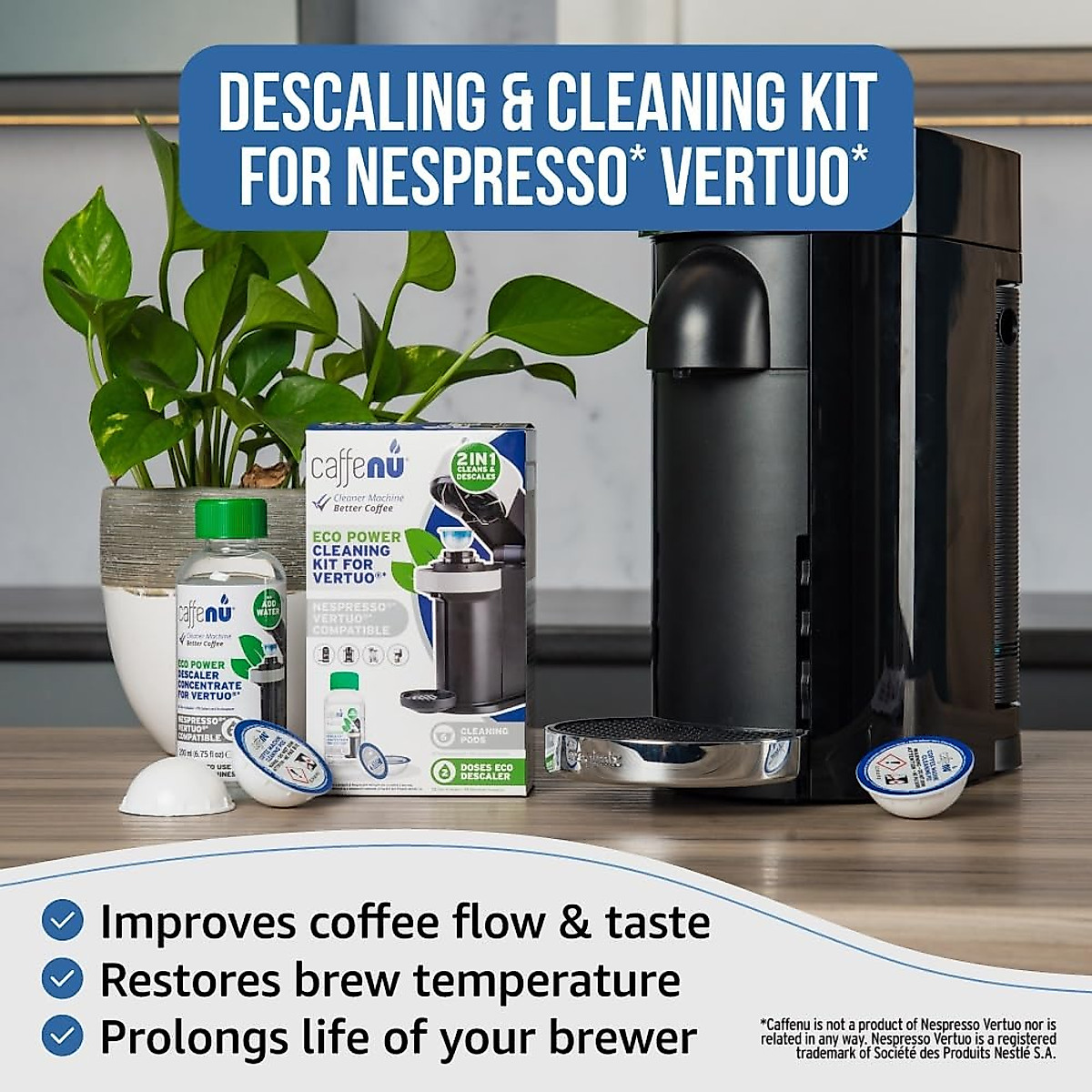 Nespresso Compatible Descaling Kit. 2 Uses Nespresso Vertuo Descaling Solution and 6 Cleaner Pods. Removes Limescale & Cleans Pod Area. Better Tasting & Hotter Coffee. 4 Months Supply.