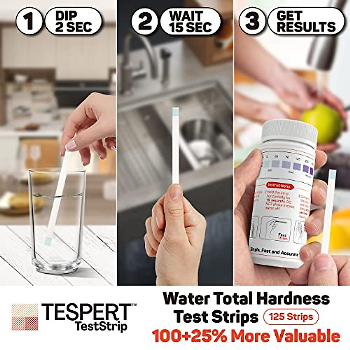 Water Hardness Test Kit: 125 Strips Hard Water Test Kit, TESPERT Water Hardness Test Strips for Water Softener Dishwasher Well Spa Pool