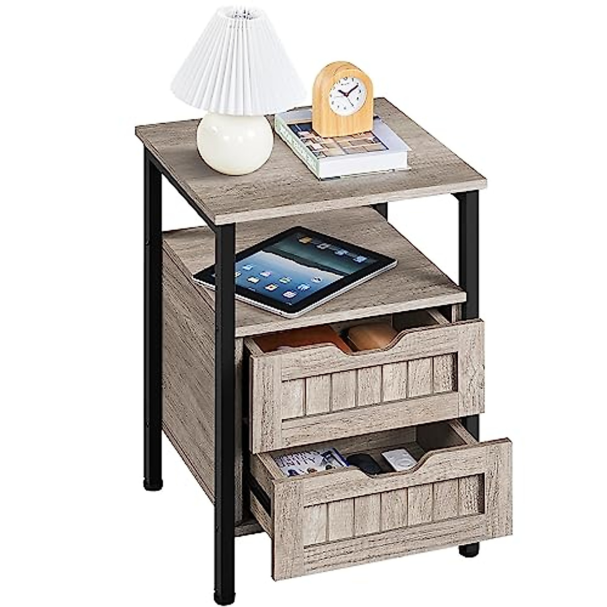Yaheetech Nightstand with 2 Drawers and Open Shelf, Bedside Table Bedside Cupboard with Adjustable Feet, Wooden Bedside Cabinet Sofa Side Table End Table for Bedroom/Small Space, Gray