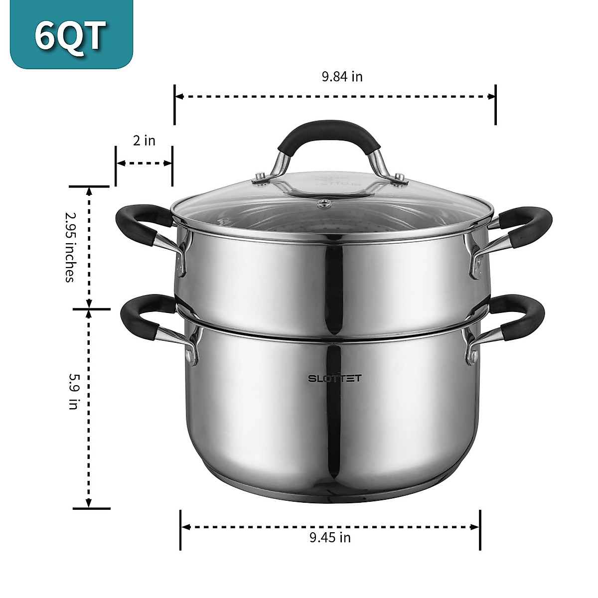 SLOTTET 6 Quart Stainless Steel Stock Pot with Steamer,6 Qt Multipurpose Stockpot with Stay-cool silicone Handle and Glass Lid,Soup Pot for Cooking