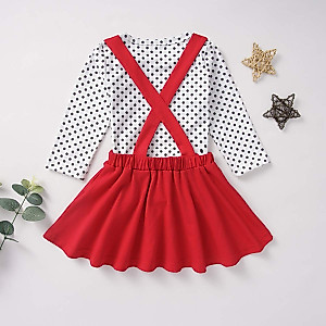 YOUNGER TREE Toddler Baby Girl Valentine's Day Outfit Long Sleeve Dot Heart Shirt Top+Suspender Strap Red Skirts Set(6M-5T) (Red, 3-4 y)