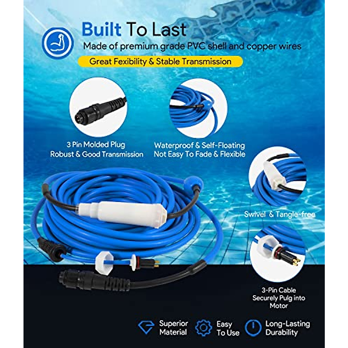 sixcow 9995873 DIY Swivel Cable 3 Wire, 18M, Replaces for Dolphin Pool Cleaners