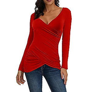ALLEGRACE Women Sexy Open V Front Wrap Pleated Slim Top Tee Cross Hem Long Sleeve Ruched T Shirt Orange Red L