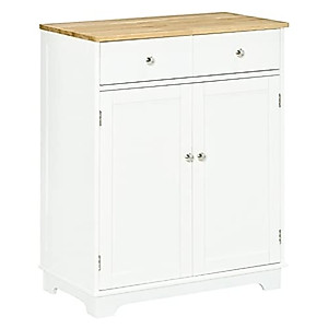 SEASD Kitchen Storage Cabinet, Sideboard Floor Cupboard with Solid Wood Top, Adjustable Shelf, and 2 Drawers