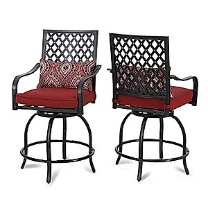 PHI VILLA Patio Swivel Bar Stools Set of 2, Outdoor Bar Height Bistro Dining Chairs, All-Weather Patio Metal Furniture Set with Armrest and Seat Cushion for Garden Backyard Lawn, Red