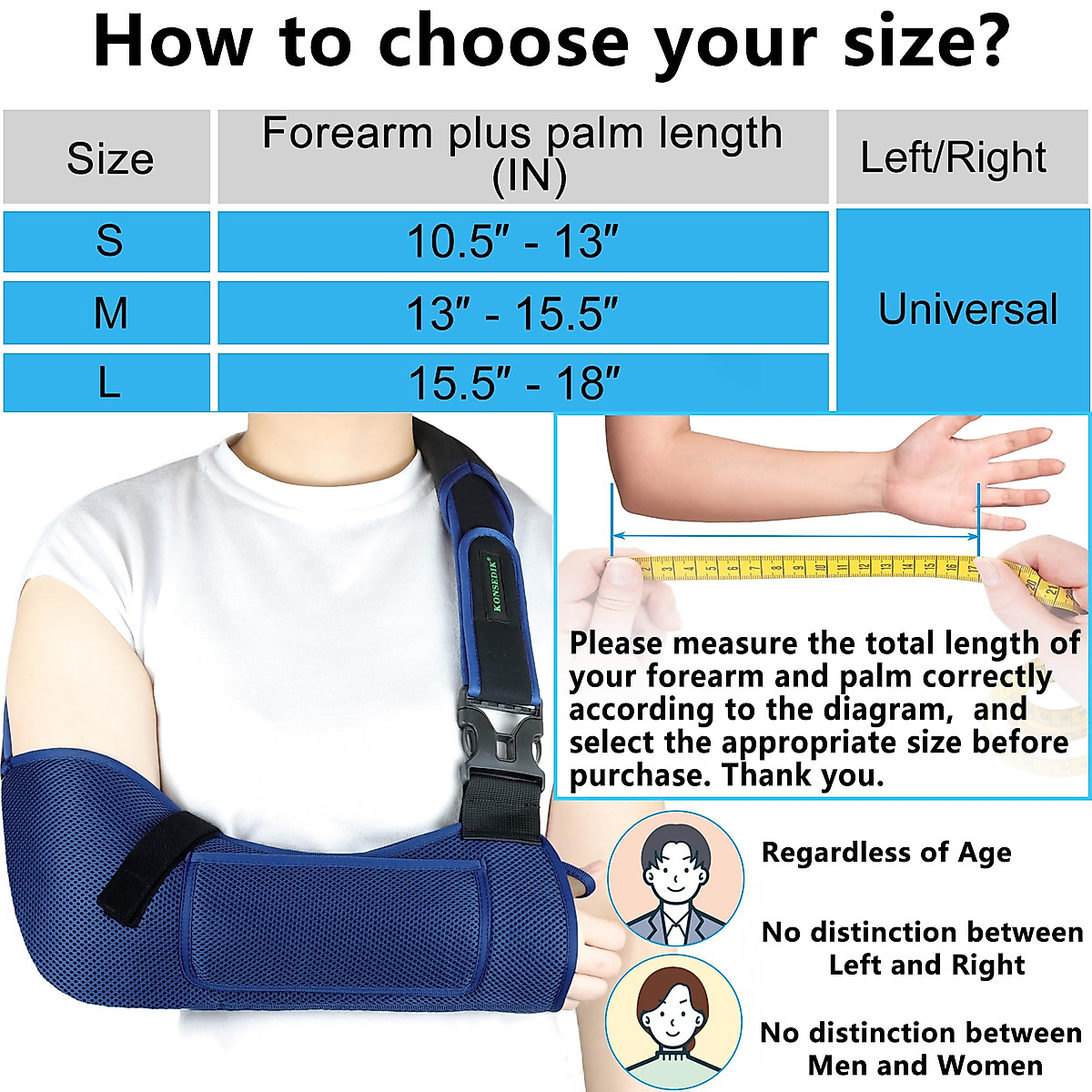 KONSEDIK Arm Shoulder Sling,Breathable Medical Sling with Shoulder Pad,support for Women and Men Rotator Cuff Injury,Left or Right Arm,Elbow,Clavicle Fracture Post-Surgery(Blue, Medium)