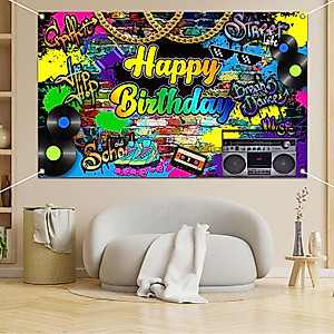 Avezano Hip Hop Birthday Party Backdrop Throwback Retro Birthday Banner Decor Graffiti 80's 90's Birthday Party Background (70.8x43.3inch)