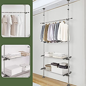 Hershii Indoor Garment Rack Coat Hanger Extendable Clothes Hanging Rails Tension Pole Laundry Room Storage Shelf Heavy Duty Clothing Display Stand Holder Airer Space Saving Organizer - Grey