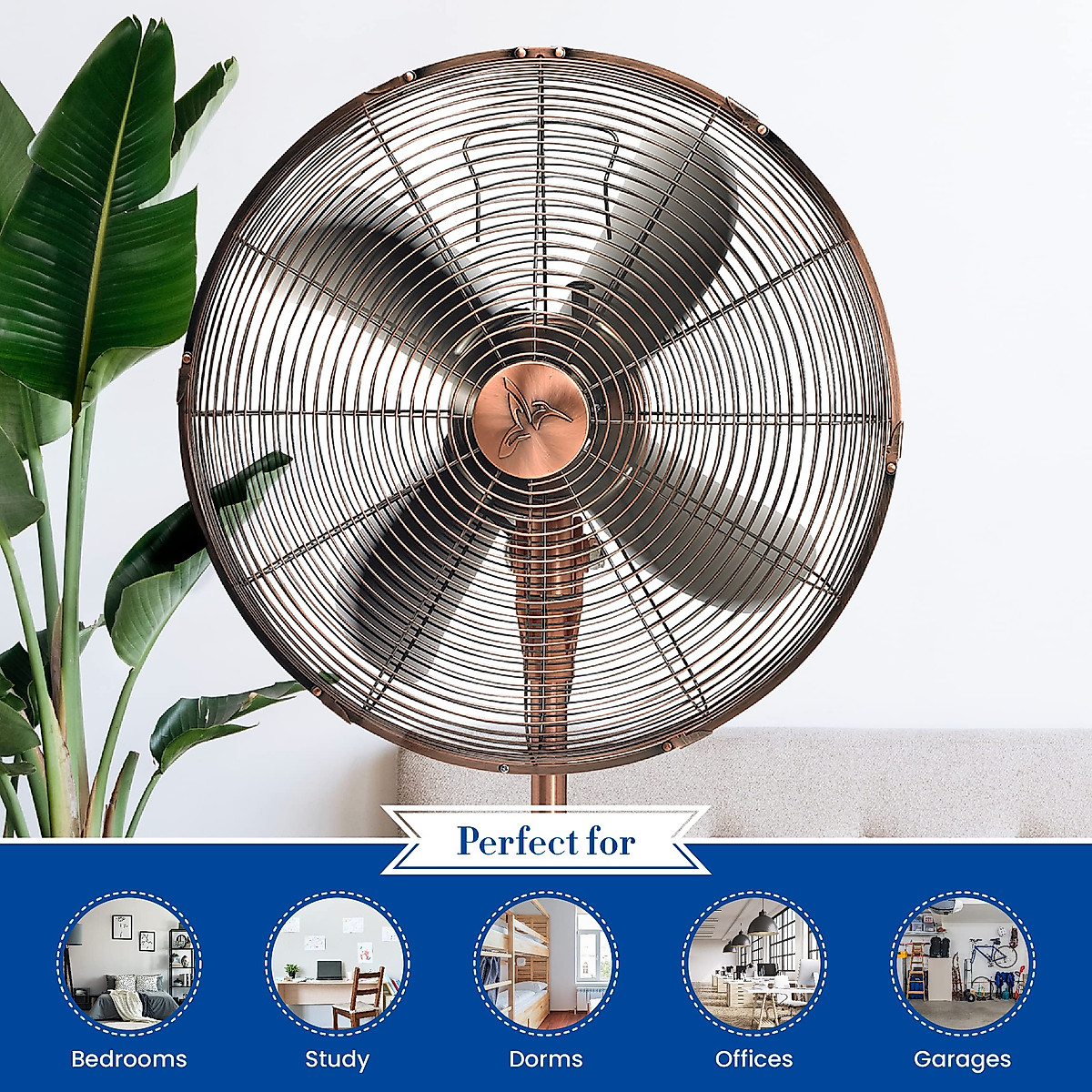 DecoBREEZE Pedestal Standing Floor Fan, 3 Speed Oscillating Fan with Adjustable Height, Pearl Black, Retro Fan, 16 inches