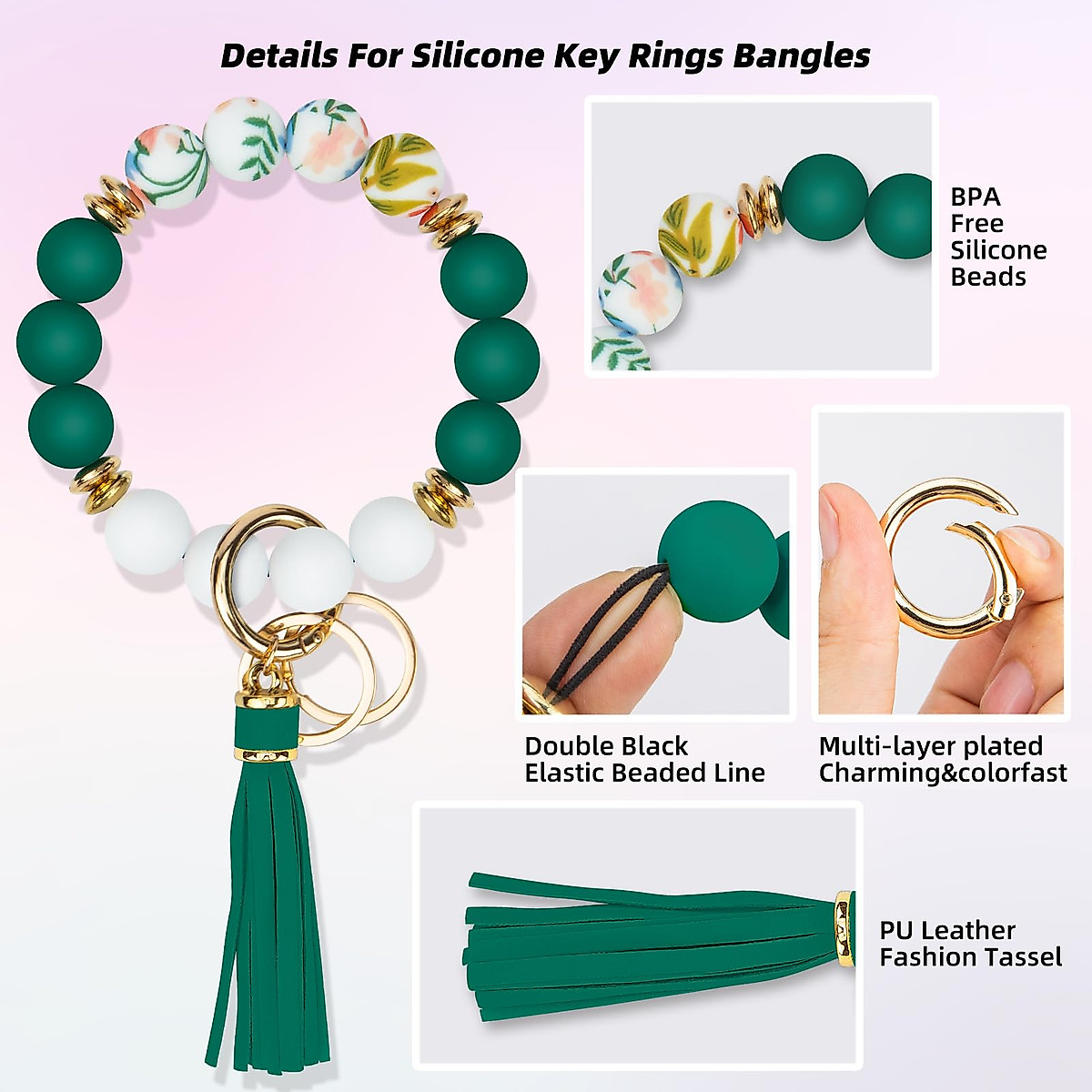 Manlosen Key Ring Bracelet Car Keychain Holder Wristlet Silicone Women Beaded Bangle Chains