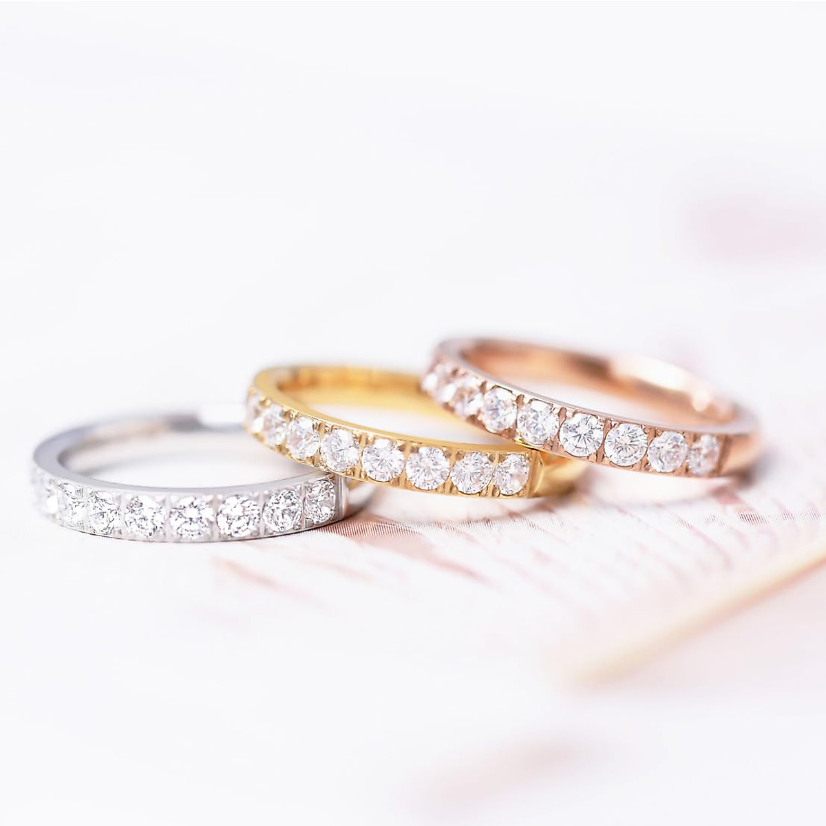 TIGRADE 3mm Women Titanium Engagement Ring Half Cubic Zirconia Eternity Wedding Band Size 3-13, Silver, Size 7