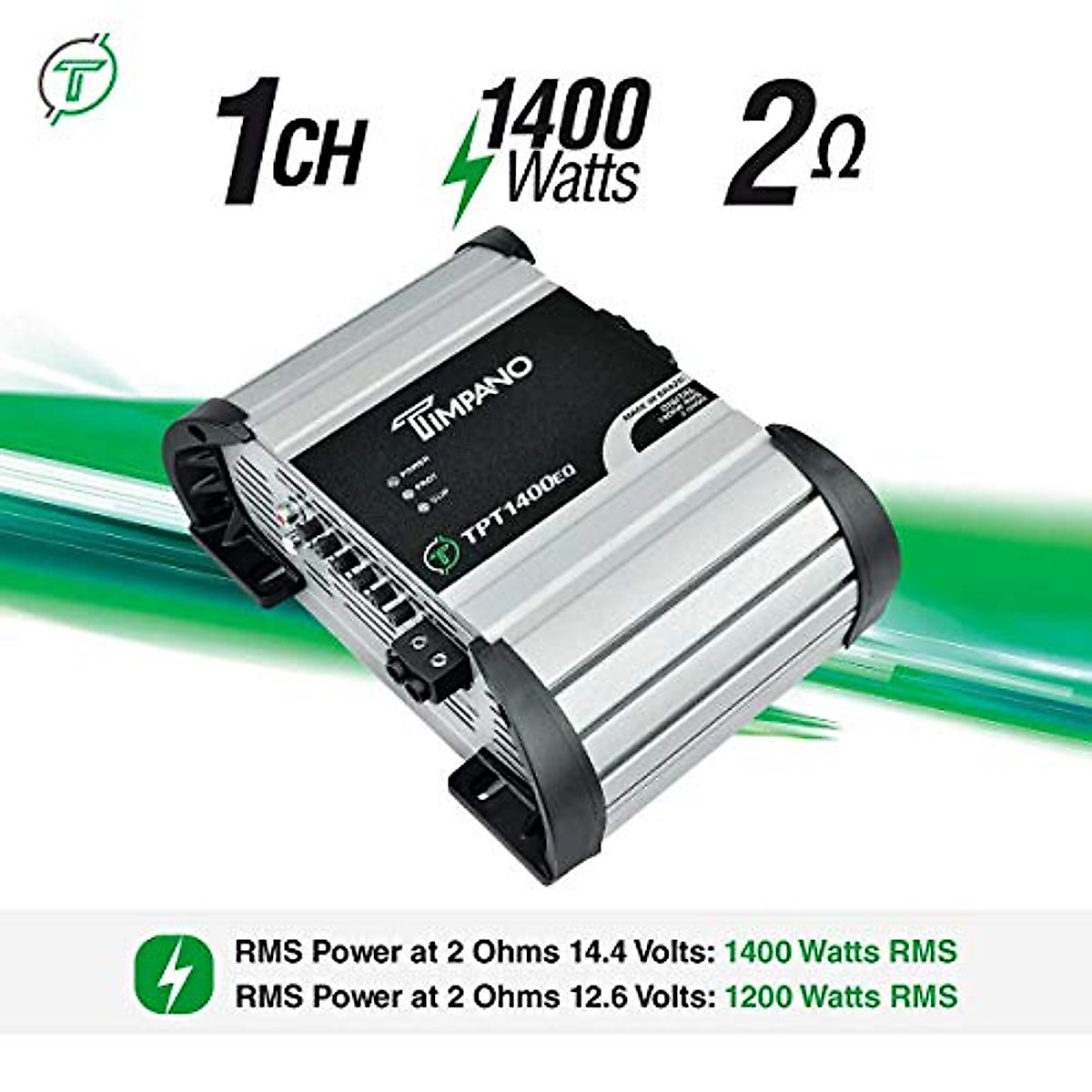 Timpano 1 Channel TPT1400EQ Compact Car Audio Amplifier - 1400 Watts at 2 Ohms - 12 Volts Full Range Class D Small Sized Monoblock Amp with Built-in Equalizer