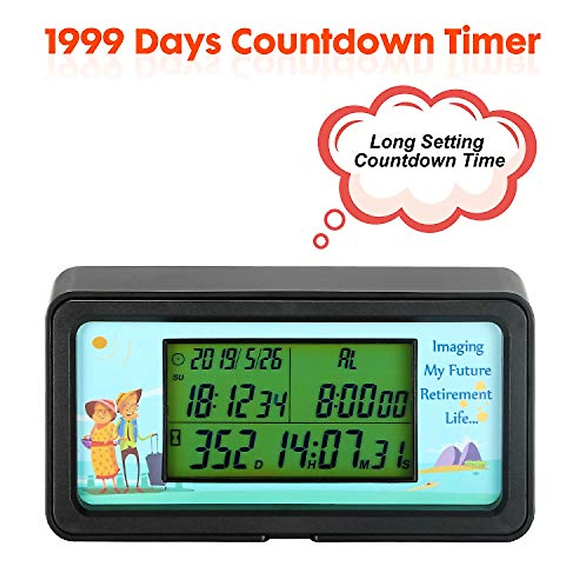 Searon Countdown to Retirement 1,999 Days Count UP with Alarm Clock, Display Current Time & Date, Ending Time & Date and Countdown Time Simultaneously
