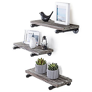 MyGift Wood Floating Shelves, Torched Wood Wall Shelf for Bedroom with Industrial Metal Pipe Brackets, Set of 3