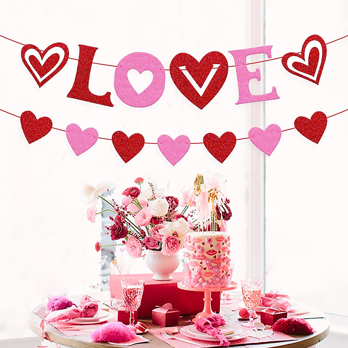 Love Banner for Happy Valentine's Day I Love You Engagement Wedding Anniversary Proposal Courtship Romantic Special Night Heart Party Supplies Pink and Red Glitter Decorations