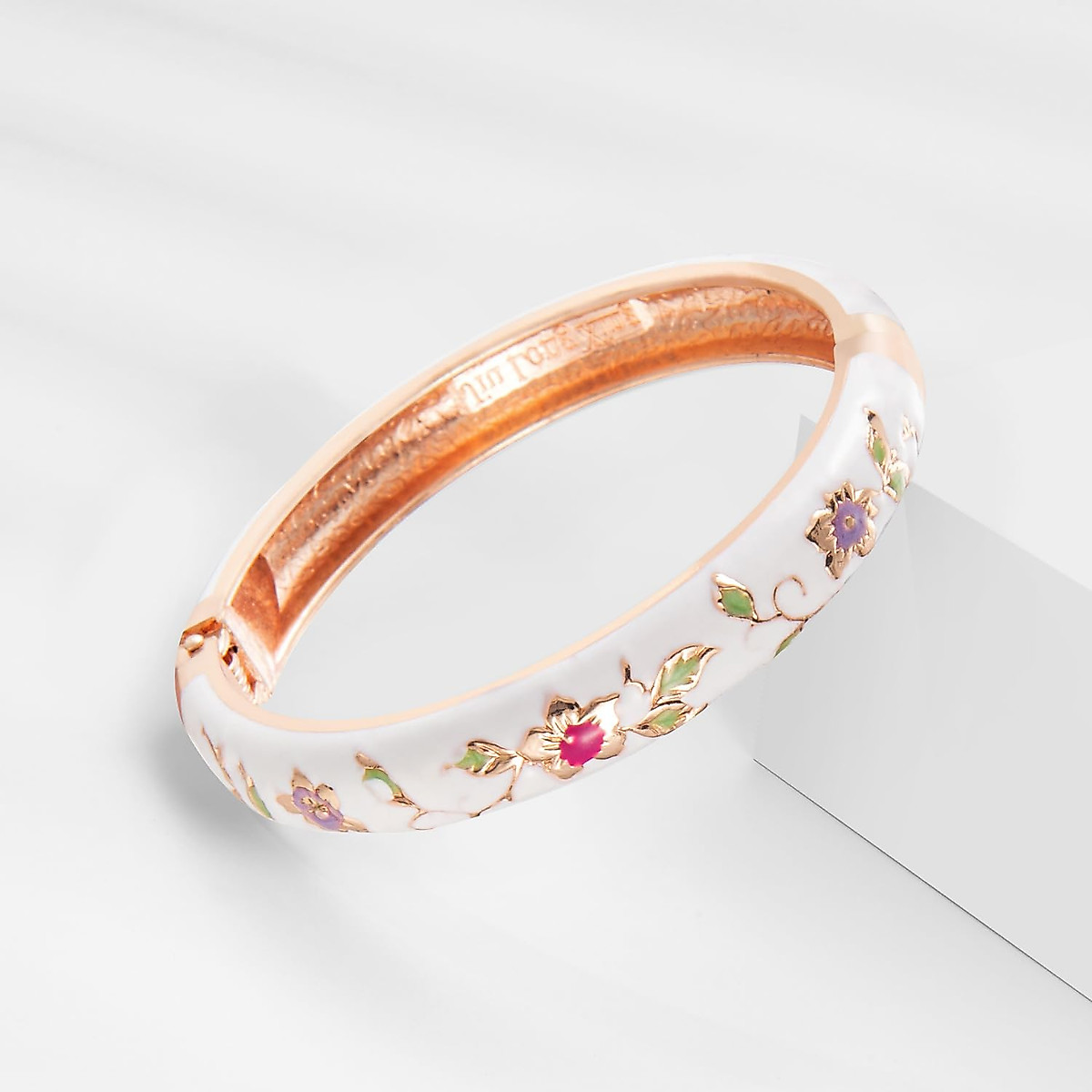 UJOY Colors Handcraft Jewelry Cloisonne Bracelet Enamel Bird Spring Hinged Womens Bangles Gifts Box 55C49-55A82 pink white