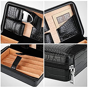 CiTree Cigar Case, Cedar Wood Travel Portable Leather Cigar Humidor with Cigar Lighter and Cutter, Black Crocodile Pattern