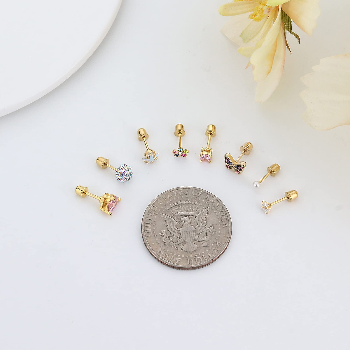 FIBO STEEL 8 Pairs Hypoallergenic Screw back Earrings for Women 316L Stainless Steel CZ Heart Pearl Flower Butterfly Screw Back Stud Earrings Pack Gold