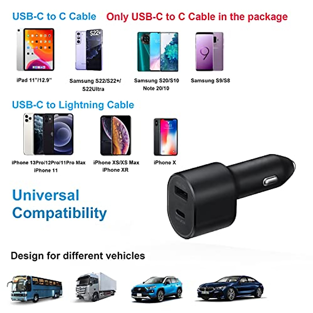 Samsung 25W USB C Car Charger, PD&QC3.0 Dual Port Compatible Car Charger with 5ft Type C Cable for Samsung Galaxy S23/S23 Ultra/S23 Plus/S22/S22 Ultra/S22+/S21/S21+/S21 Ultra/S20/S20+/Note 20/Note 10