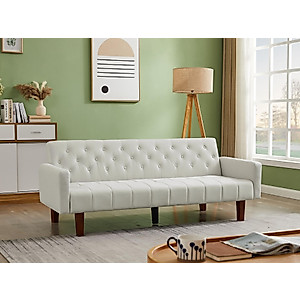 Linen Sofa Bed Sleeper Couch 74.4 Inch Convertible Loveseat Size for Small Space 3 Seater Chesterfield Button Tufted for Office Apartment Dorm Living Room Beige