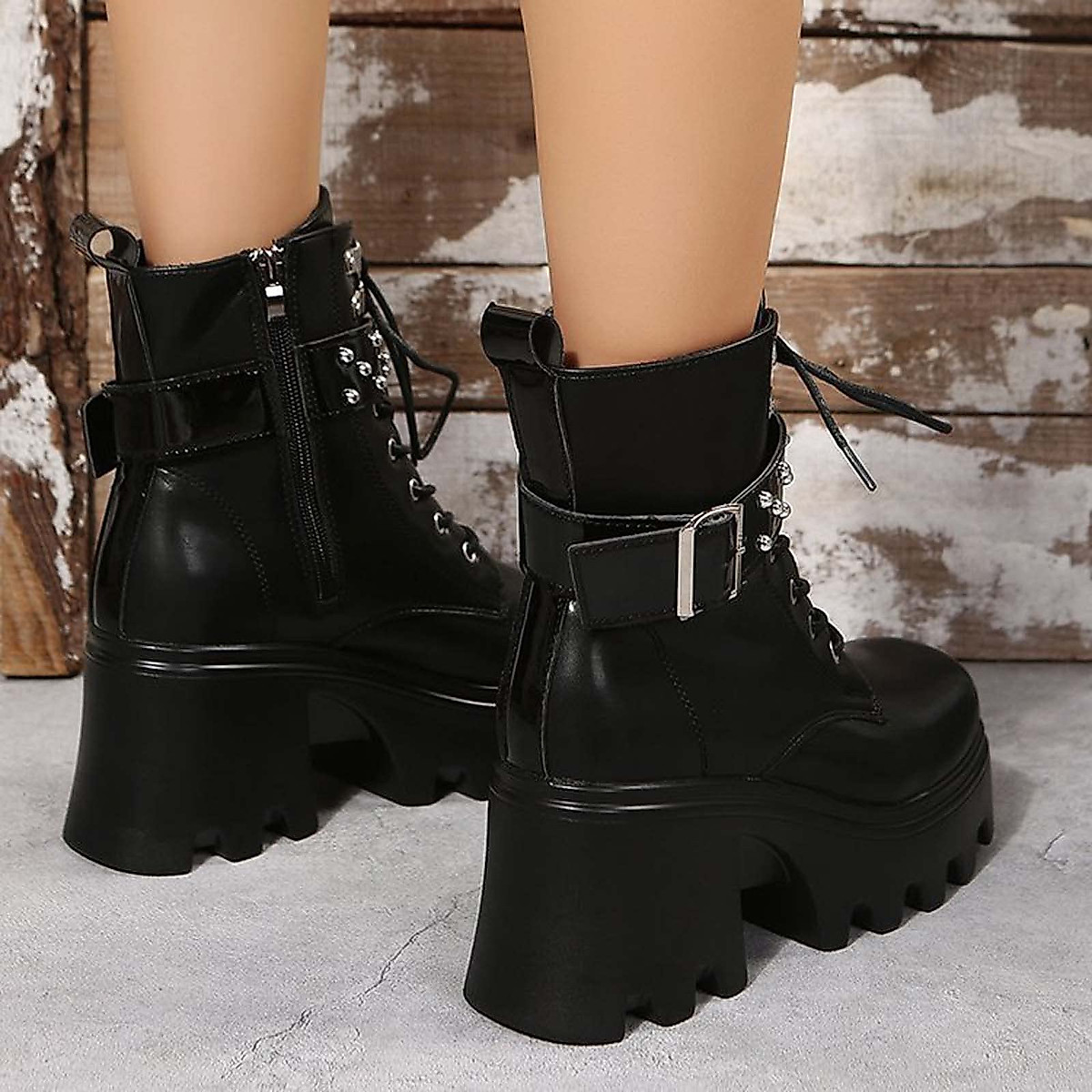 Women's Lace-Up Combat Boots Gothic Platform Mid Calf Wedges Chunky High Heel Round Toe Side Zip Punk Ankle Booties (Black,4)