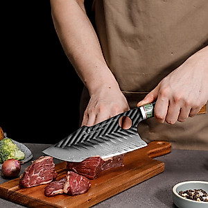 SHANGDAO Damascus Butcher Knife 7 Inch, Viking Cleaver Kitchen Knives with Leather Sheath - 67 Layers Alloy Steel with Professional Hand Forged Resin & Wood Handle QILIN Series