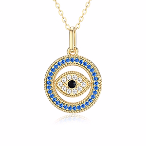 SISGEM 14K Real Gold Evil Eye Necklaces for Women, Yellow Gold Halo Pendant with Fine 5A Cubic Zirconia Lucky Protection Jewelry Gifts for Her, Wife, Mom 16-18 Inch