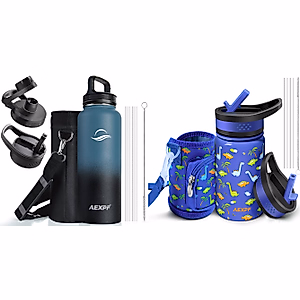 AEXPF 32oz Insulated Water Bottle Indigo Black Gradient and 14oz Kids Water Bottle with Dinosaur Pattern