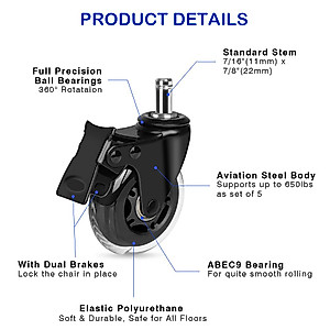 Hirate 3" Chair Casters Heavy Duty Lockable Swivel Caster Replacement with Plug-in Stem 7/16" x 7/8" for Home Office Chairs (Pack of 5, 3 with Dual Brake & 2 Without)