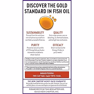 New Chapter Wholemega Fish Oil Supplement - Wild Alaskan Salmon Oil with Omega-3 + Vitamin D3 + Astaxanthin + Sustainably Caught - 180 ct, 1000mg Softgels