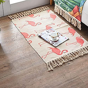 Flamingo Bathroom Rug，2'x3' Red Rugs Runner with Tassels, Small Woven Cotton Kitchen Bath Mat,Throw Rugs for Living Room, Bedroom, Laundry, Kitchen Sink, Doorway, Hallway