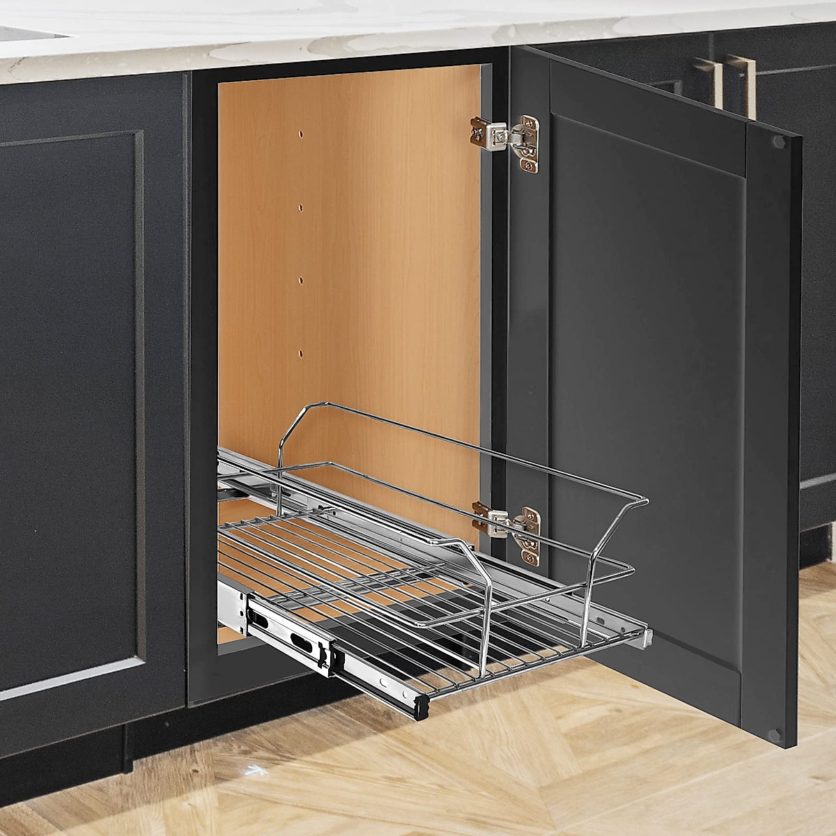 Atposh Pull Out Cabinet Organizer, Heavy Duty Single Wire Basket Pull Out Cabinet Sliding Drawer Organizer for Kitchen Base Cabinets, Chrome Finish 11" W x 21" D