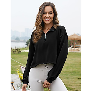 Flygo Womens Half Zip Sweatshirts Stand Collar Activewear Running Workout Pullover Tops(Black-S)