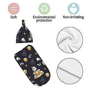 AuHomea Halloween Pattern in Black Skulls Newborn Swaddle Blanket Soft Unisex Infant Swaddle Wrap Blanket Baby Receiving Blanket with Beanie Hat for Boy and Girl