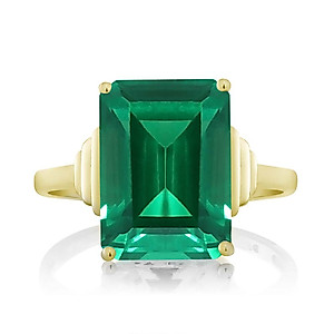 Gem Stone King 18K Yellow Gold Plated Silver Gemstone Birthstone Solitaire Engagement Ring | Emerald Cut 14X10MM Yellow Gold Ring For Women | Available In Size 5, 6, 7, 8, 9