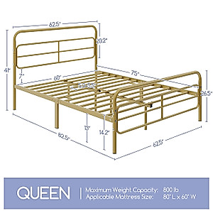 Yaheetech Queen Bed Frame Metal Platform Bed with Geometric Patterned Headboard, Mattress Foundation with Under Bed Storage/Sturdy Slat Support, No Box Spring Needed, Antique Gold