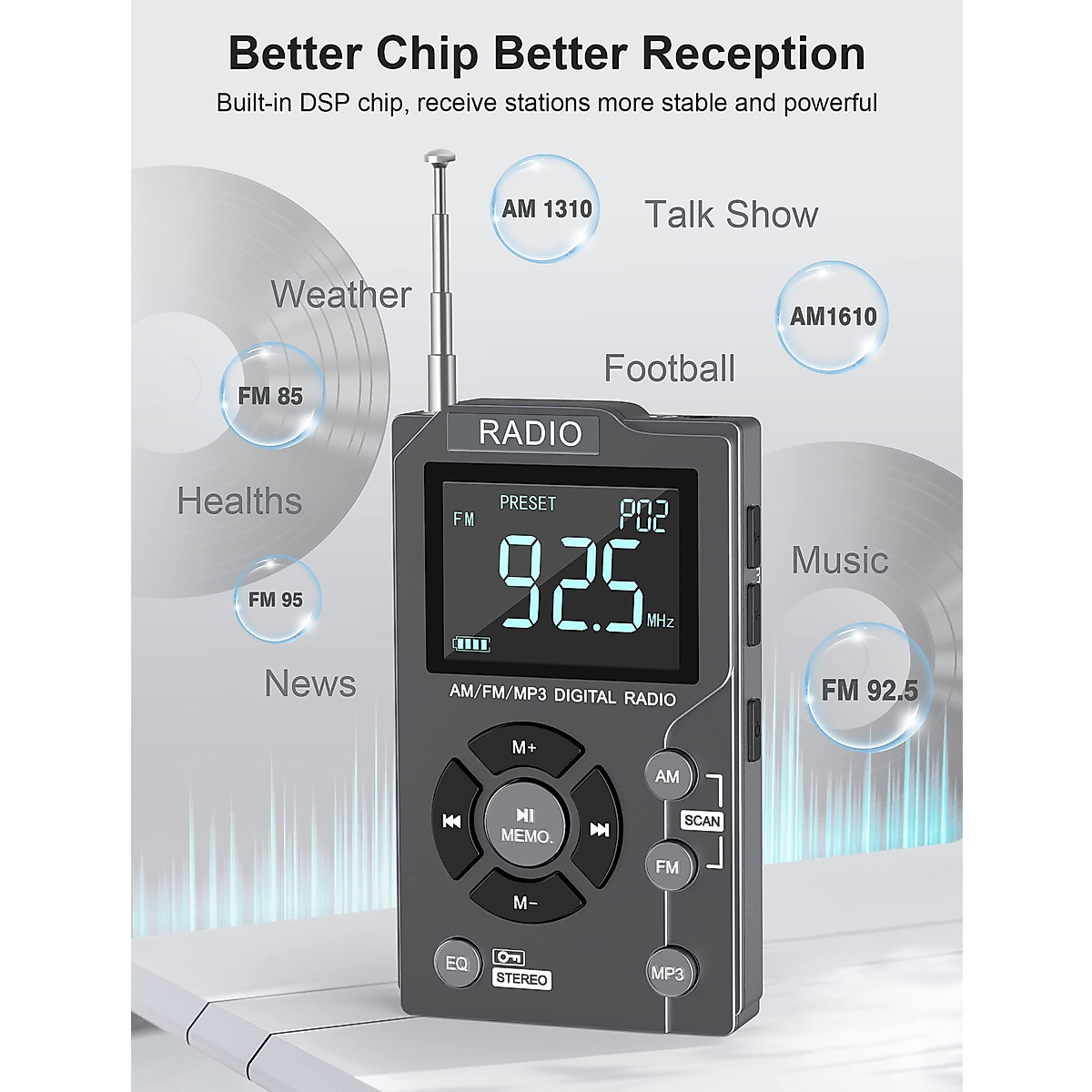 Digital AM FM Radio Portable Pocket Radio with Best Reception,600 mAh Rechargeable Walkman Radio with Stereo Earphone,Personal Radio Support TF Card,Large LCD Screen and Lock Screen