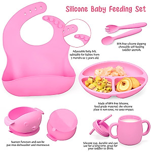 Cibeat Baby Feeding Utensils Set, 7 Pcs Silicone Toddler Eating Supplies - Adjustable Bibs, Suction Divided Plate, Placemat, Suction Bowls, Straw Sippy Cup, Etc - Baby Led Weaning Supplies