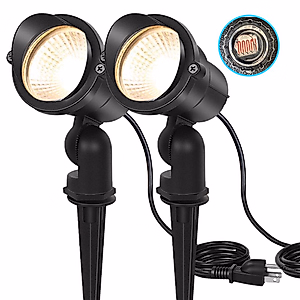 20W Dusk to Dawn Outdoor LED Spotlight Plug in with Photocell Sensor for House Flag Yard Tree Garden, 3000K 1000lm Warm White 120V Landscape Lighting with Stake IP66 Waterproof 5.9ft Cord, 2 Pack