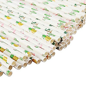 ALINK Hawaiian Tropical Party Paper Straws, Flamingo/Pineapple/Cactus/Coconut Tree Biodegradable Straws for Beach Cocktail Luau Decorations, Pack of 100